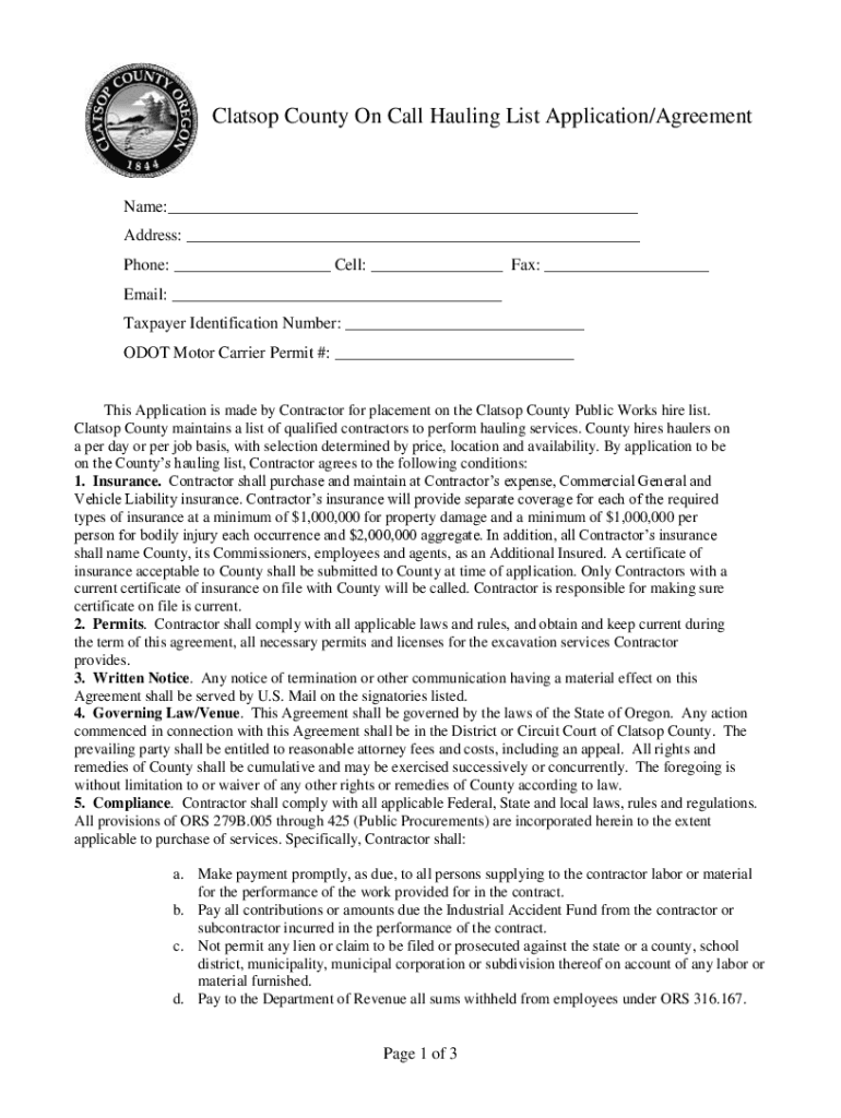 Fillable Online Clatsop County On Call Hauling List Application ...