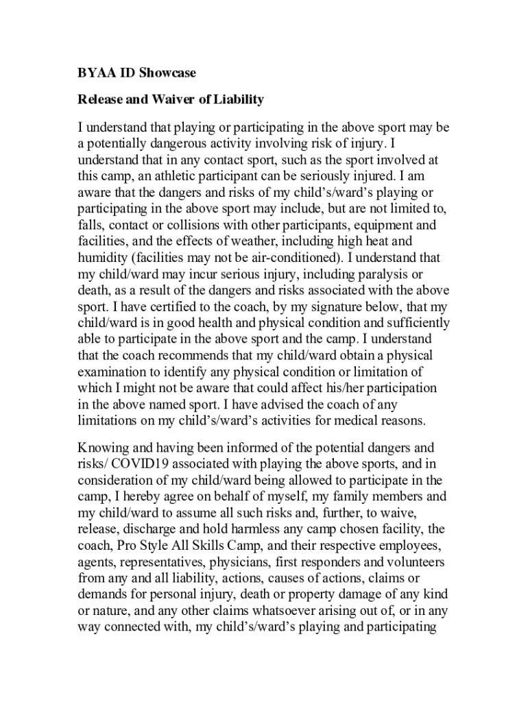 Fillable Online BYAA ID Showcase Release and Waiver of Liability Fax Email Print - pdfFiller