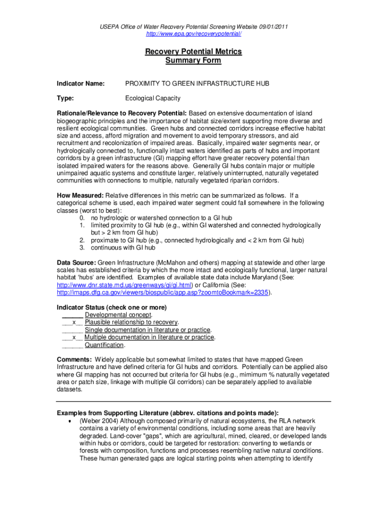 Fillable Online Watershed Recovery Potential Indicator Reference Sheet ...