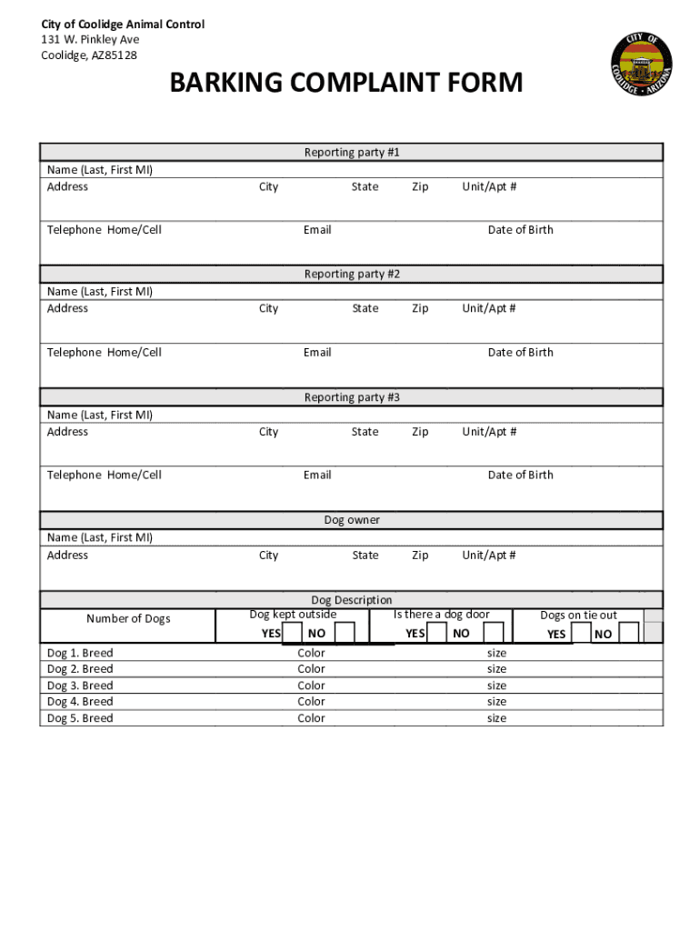 Fillable Online Barking Dog Complaint Form and Procedures - Coolidge ...