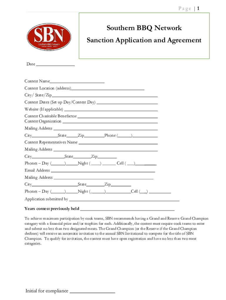 Fillable Online Southern BBQ Network Sanction Application and Agreement ...