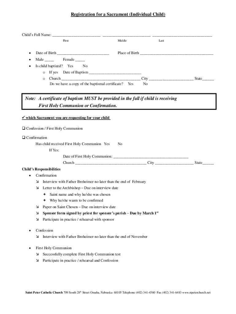 Fillable Online Registration for Catechism (Individual Child ...