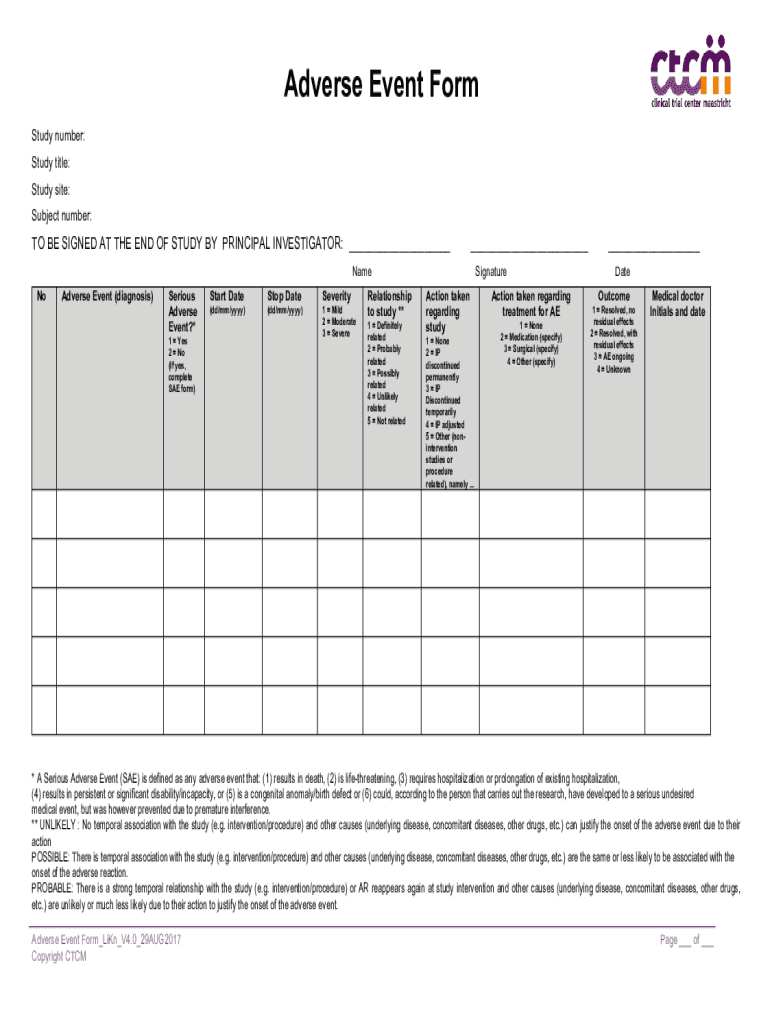 Fillable Online Adverse Event (AE) Tracking Log Investigator Name ...