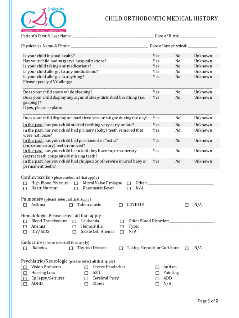 Fillable Online Halgren Medical Dental History Form (Child) Fax Email ...