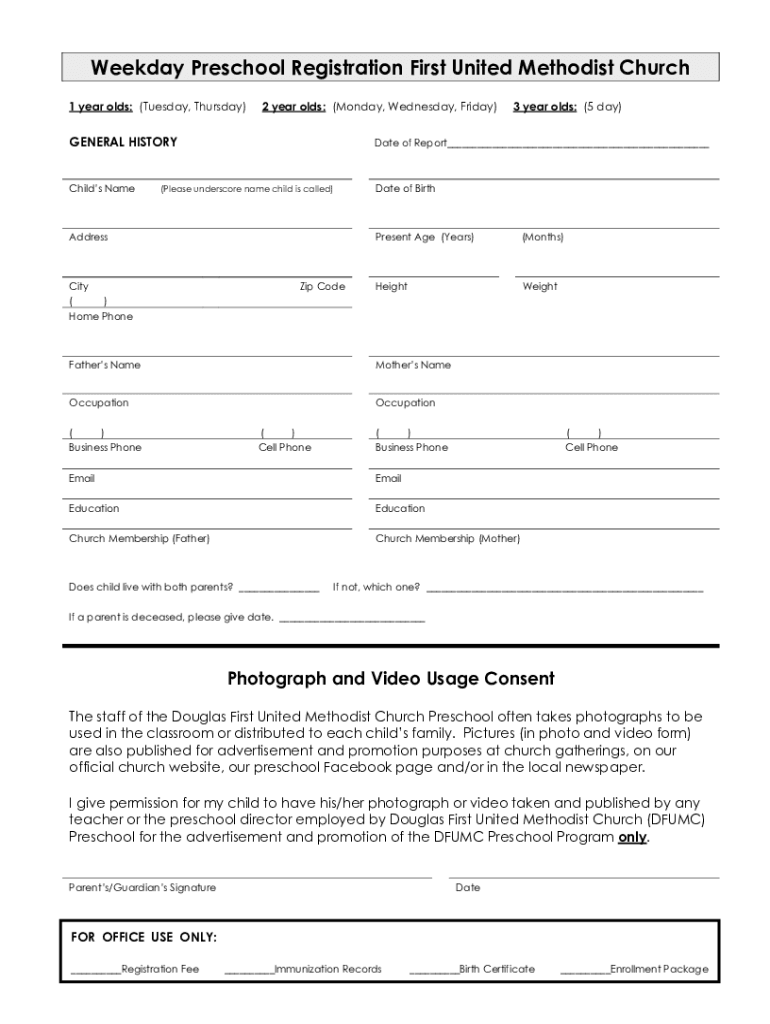 Fillable Online Weekday Preschool Registration First United Methodist ...