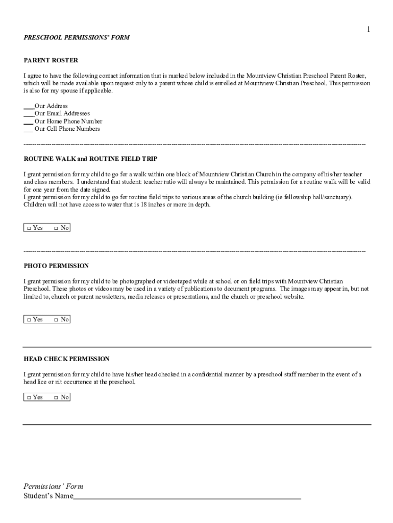 Fillable Online Permissions' Form Student's Name 1 Fax Email Print ...