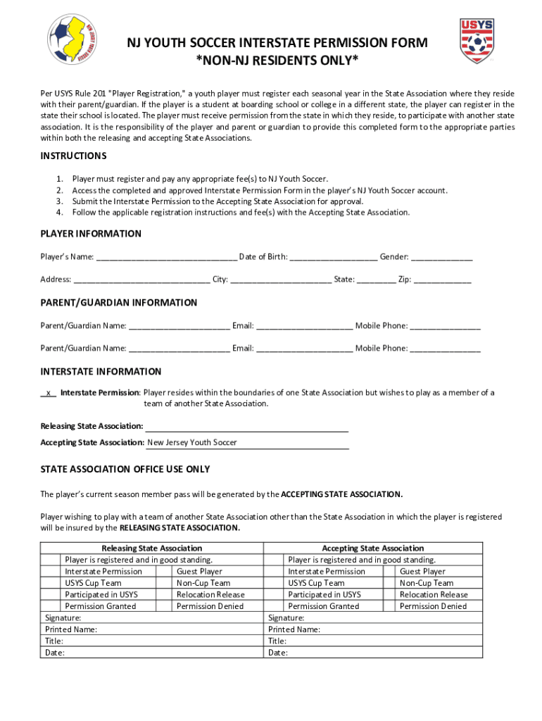 Fillable Online NJ YOUTH SOCCER INTERSTATE PERMISSION FORM * ... Fax ...