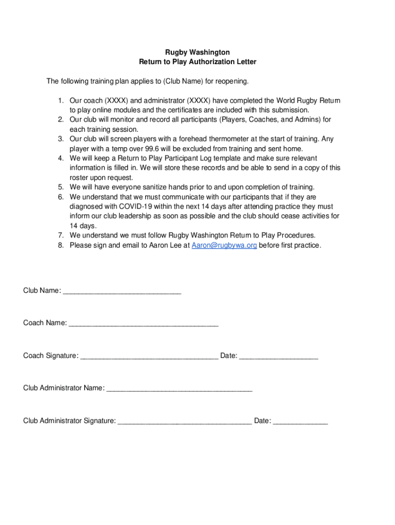 Fillable Online Rugby Washington Return to Play Authorization Letter ...