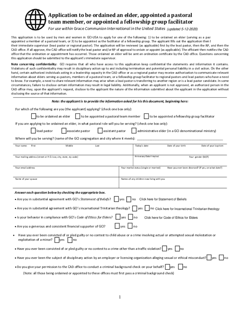 Fillable Online Application to be ordained an elder, appointed a ...