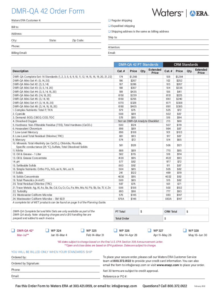 Fillable Online Waters ERA DMR-QA 42 Order Form. Waters ERA DMR-QA 41 ...