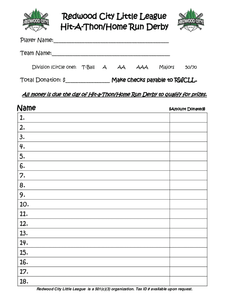 Fillable Online Redwood City Little League Hit-A-Thon/Home Run Derby Fax Email Print - pdfFiller