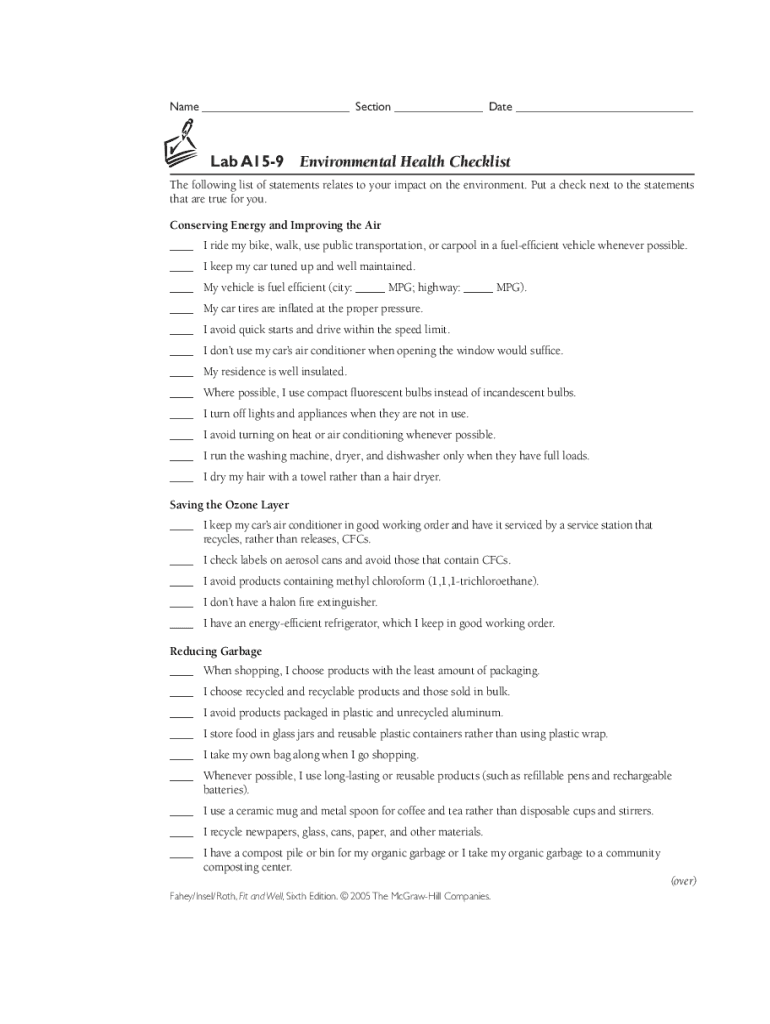 Fillable Online Lab A15-9 Environmental Health Checklist Fax Email ...