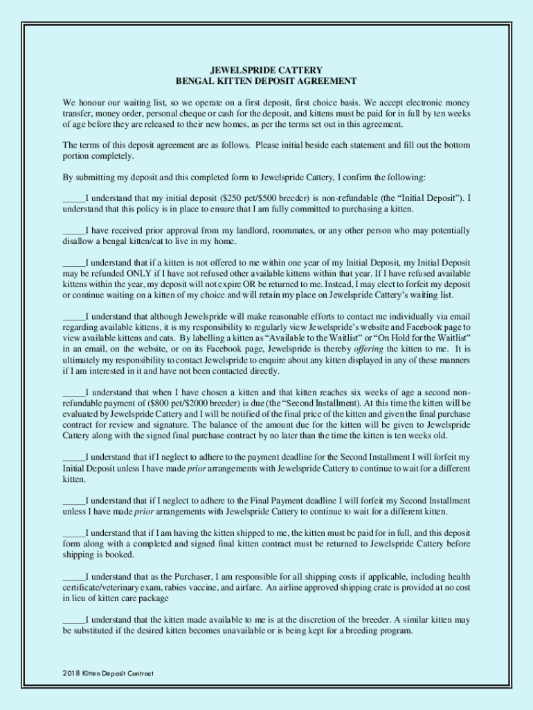 Fillable Online Kitten Deposit Receipt Cat Breeder Forms Printable PDF ...