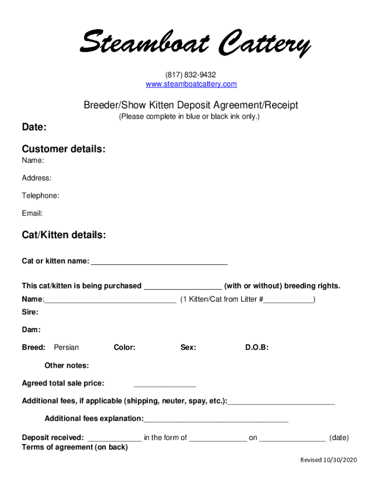 Fillable Online Free Cat (Kitten) Deposit Receipt Template - PDF ...