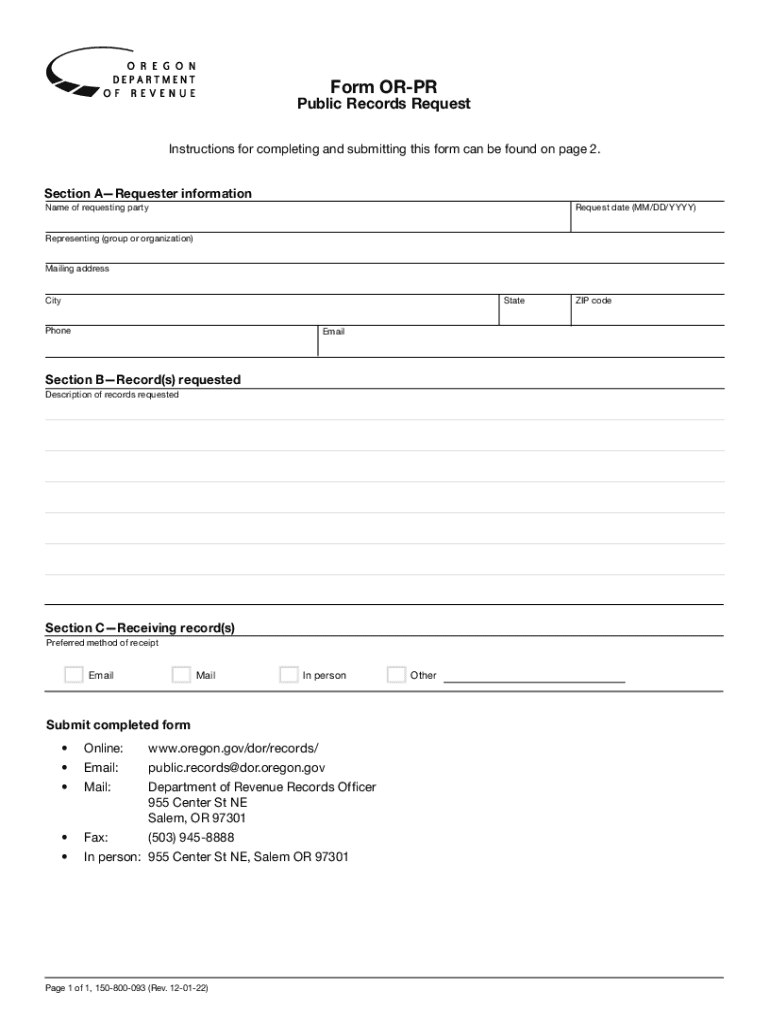 Fillable Online Form OR-PR, Public Records Request Form (Department of Revenue records only) Fax ...