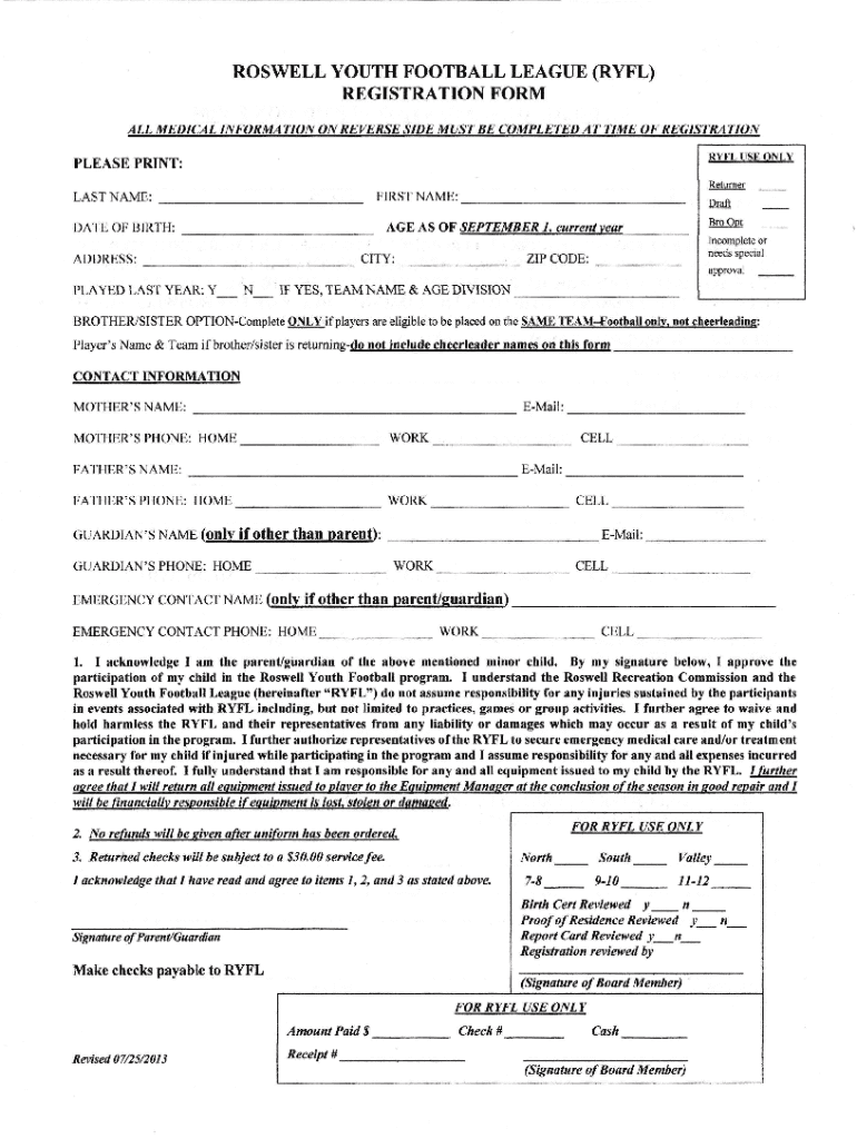 Fillable Online Roswell Youth Football League Board Member Application ...