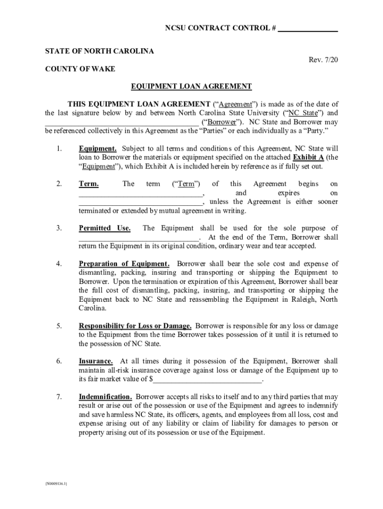 Fillable Online generalcounsel ncsu Equipment Loan Agreement - NCSU lender(N0009136.DOC;1 ...