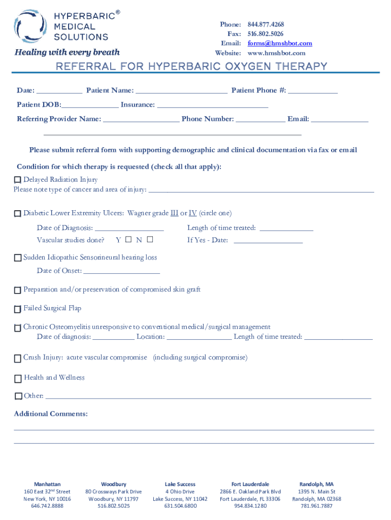 Fillable Online REFERRAL FOR HYPERBARIC OXYGEN THERAPY Fax Email Print ...