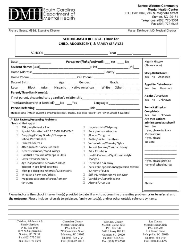 Fillable Online hms sumterschools Santee-wateree Community Mental Health Center in Sumter Fax ...