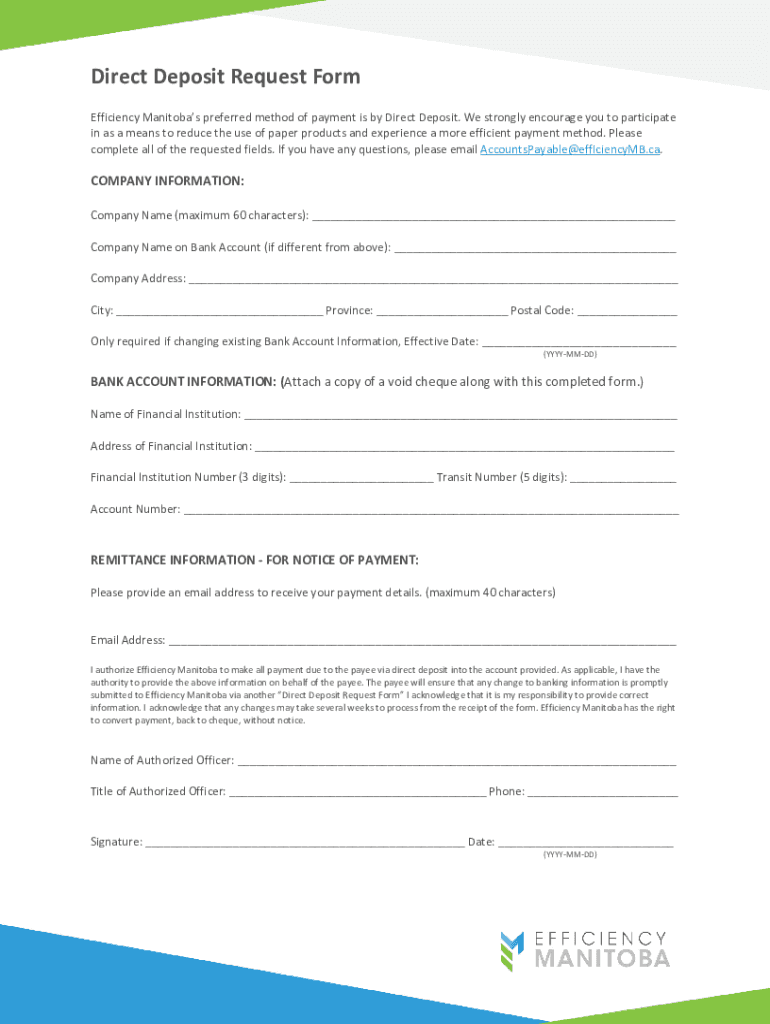 Fillable Online Efficiency Manitoba Direct Deposit Request Form Fax Email Print - pdfFiller