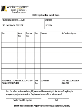 Fillable Online Field II Experience Time Sheet (15 Hours) Fax Email Print - pdfFiller