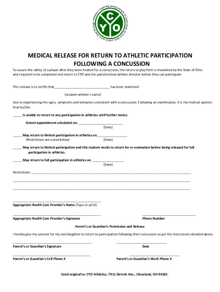 Fillable Online Medical Release for Return to Athlete Participant ...