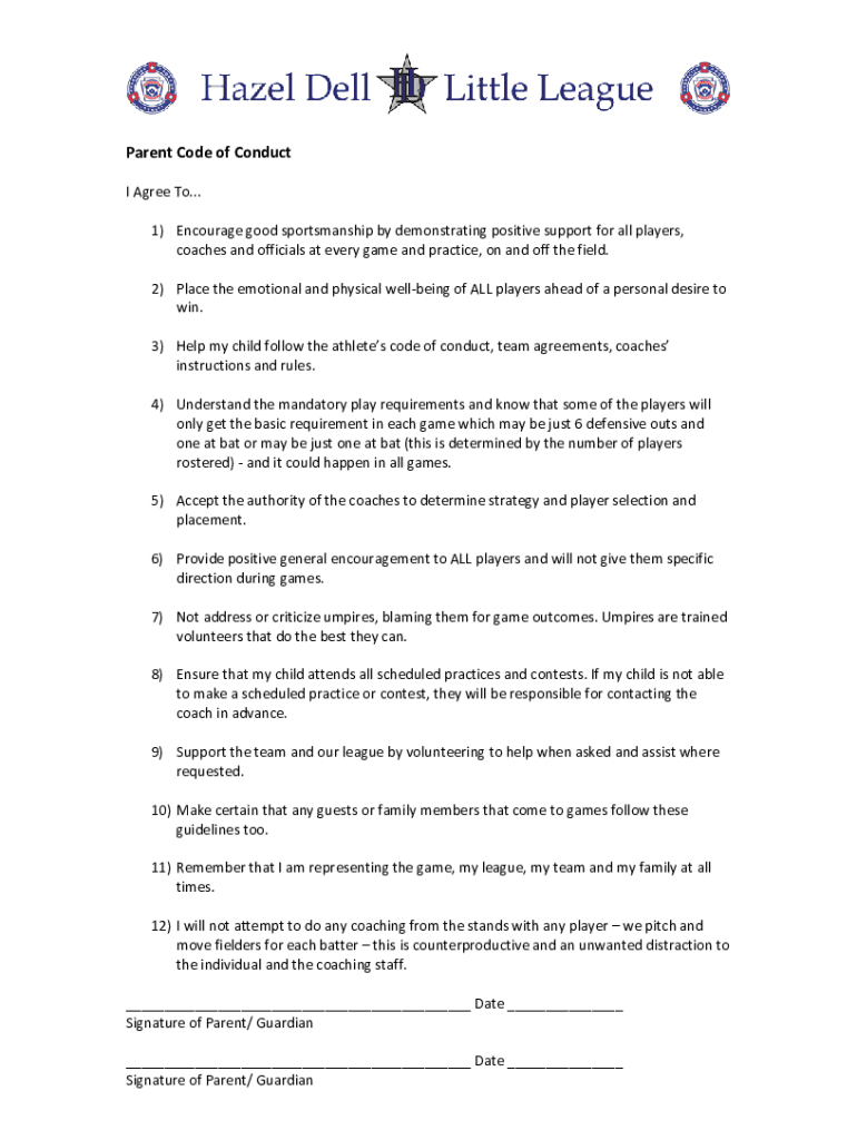 Fillable Online PARENT/SPECTATOR CODE OF CONDUCT - Coaches Fax Email ...