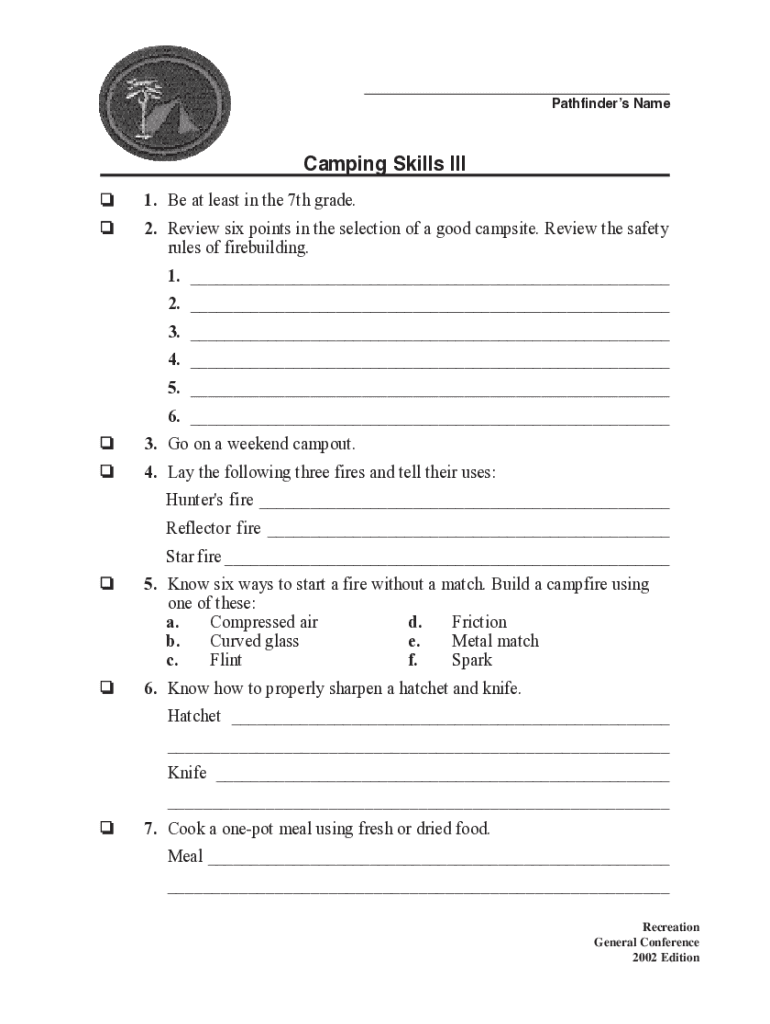 Fillable Online AY Honor Camping Skills III Requirements - Pathfinder ...