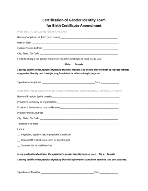 Fillable Online Certification of Gender Identity Form for Birth ...