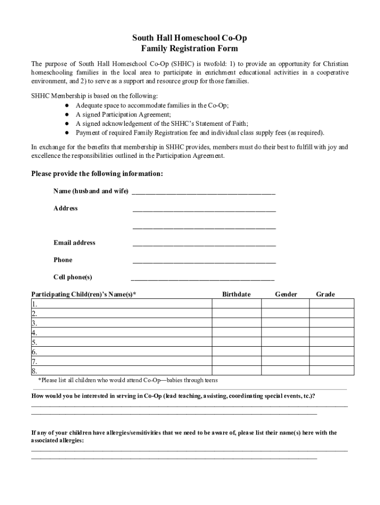 Fillable Online South Hall Homeschool Co-Op Family Registration Form ...