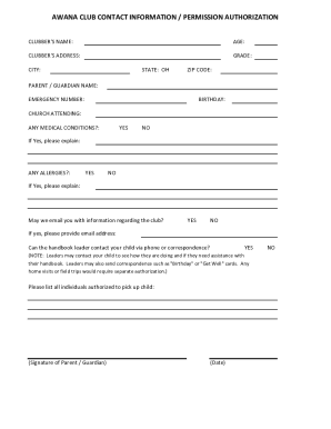 Fillable Online Contact Information and Parent Permission Authorization ...