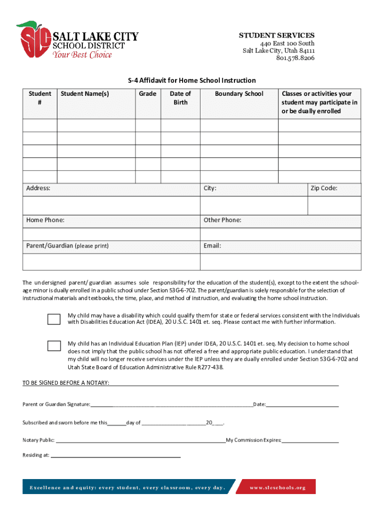 Fillable Online S-4 Affidavit for Home School Instruction Fax Email Print - pdfFiller