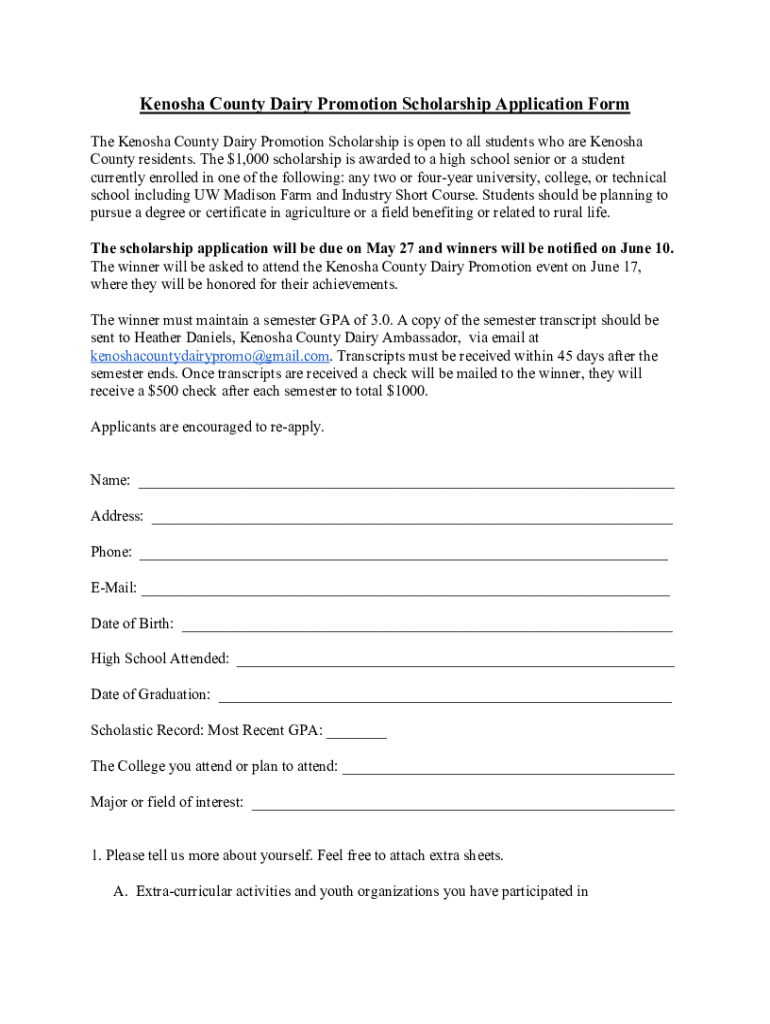 Fillable Online Kenosha County Dairy Promotion Scholarship Application ...