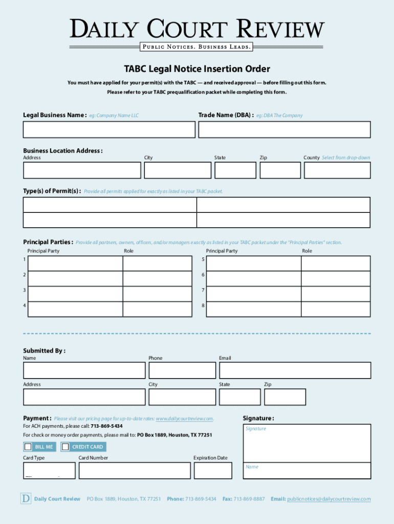Fillable Online TABC Legal Notice Insertion Order - Houston Fax Email ...