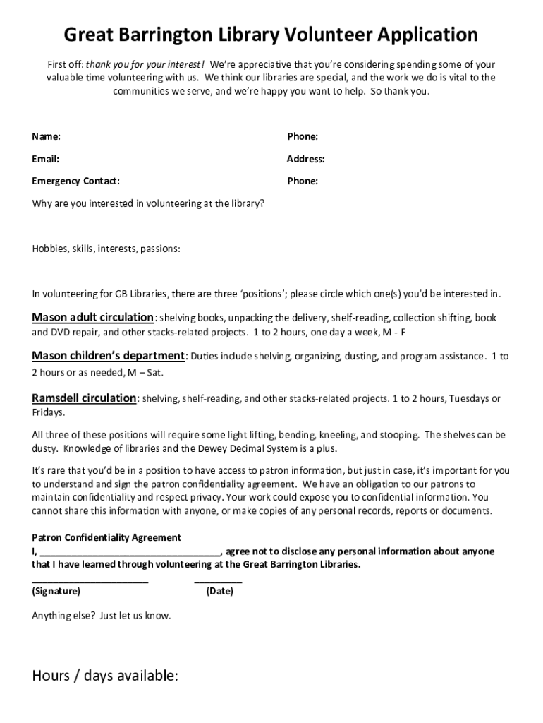 Fillable Online Great Barrington Library Volunteer Application Fax ...