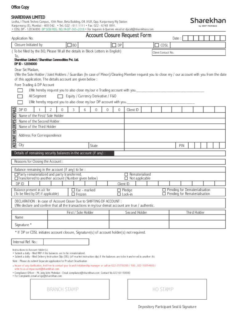 Sharekhan closure account form: Fill out & sign online | DocHub
