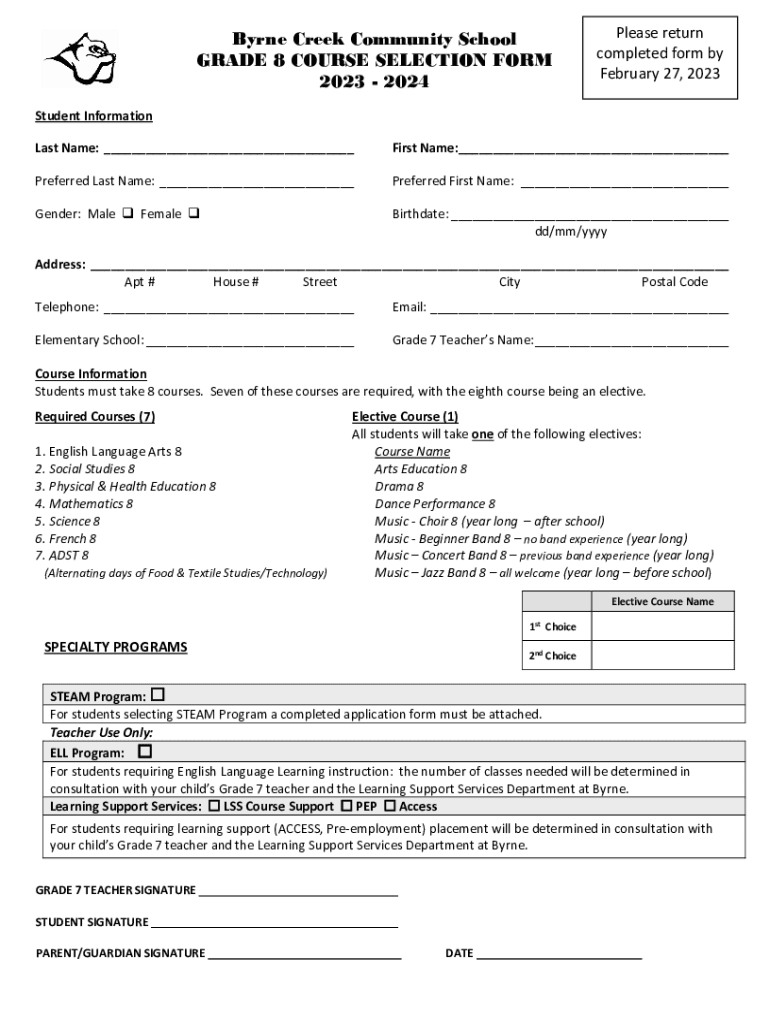 Fillable Online Grade-8-Course-Selection-Form- ... Fax Email Print ...