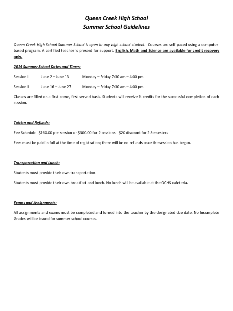 Fillable Online Queen Creek High School Summer School Guidelines Fax ...