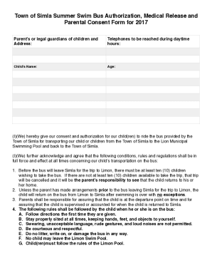 Fillable Online Town of Simla Summer Swim Bus Authorization, Medical ...