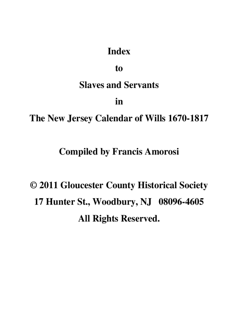 Fillable Online to Slaves and Servants in The New Jersey Calendar of ...