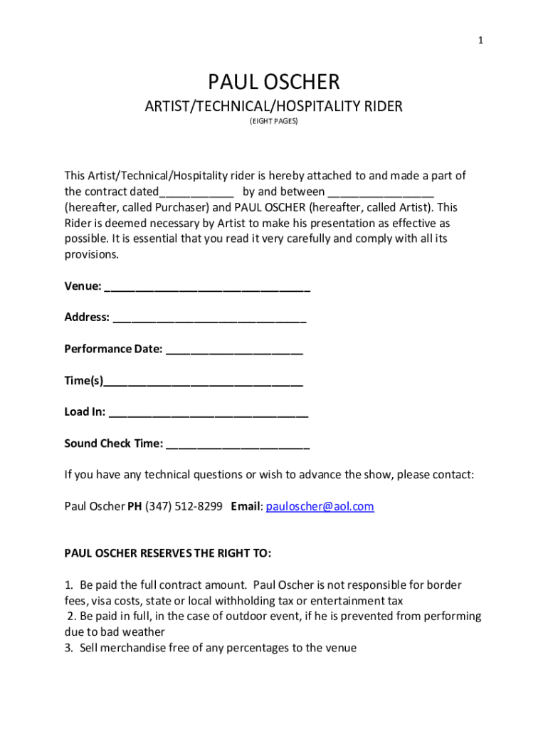Fillable Online TECHNICAL RIDER Sample Clauses Fax Email Print - pdfFiller