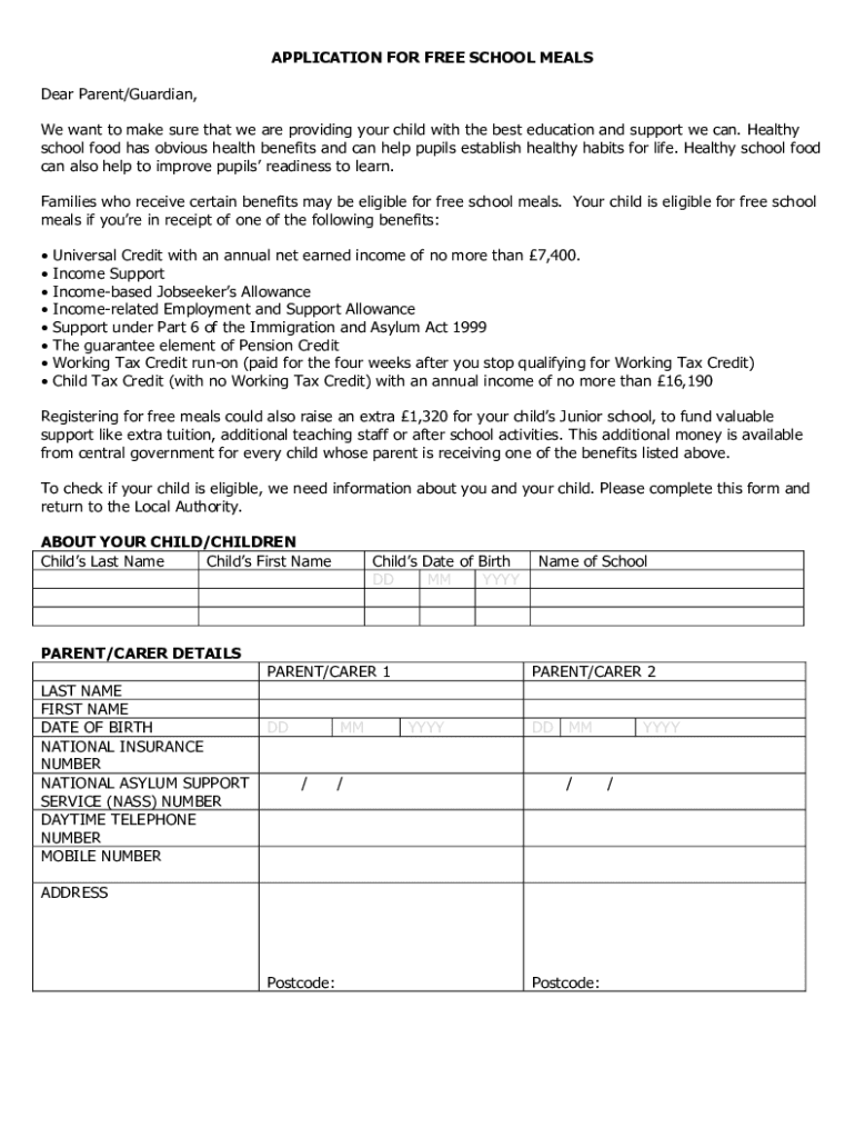 Fillable Online APPLICATION FOR FREE SCHOOL MEALS Apr 18 Fax Email ...