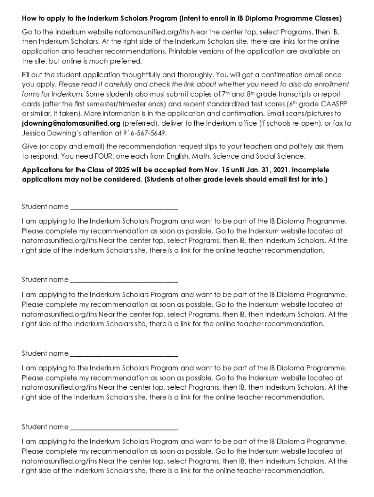 Fillable Online Inderkum High School Scholars Application (Intent to ...