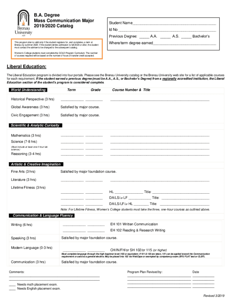 Fillable Online archive brenau Program: Mass Communications B.A., with ...