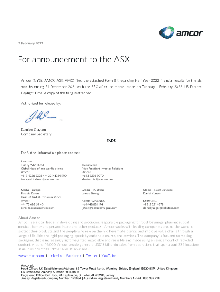 Fillable Online Form 8K 2Q23 Results - Amcor Limited (ASX:AMC) Fax Email Print - pdfFiller
