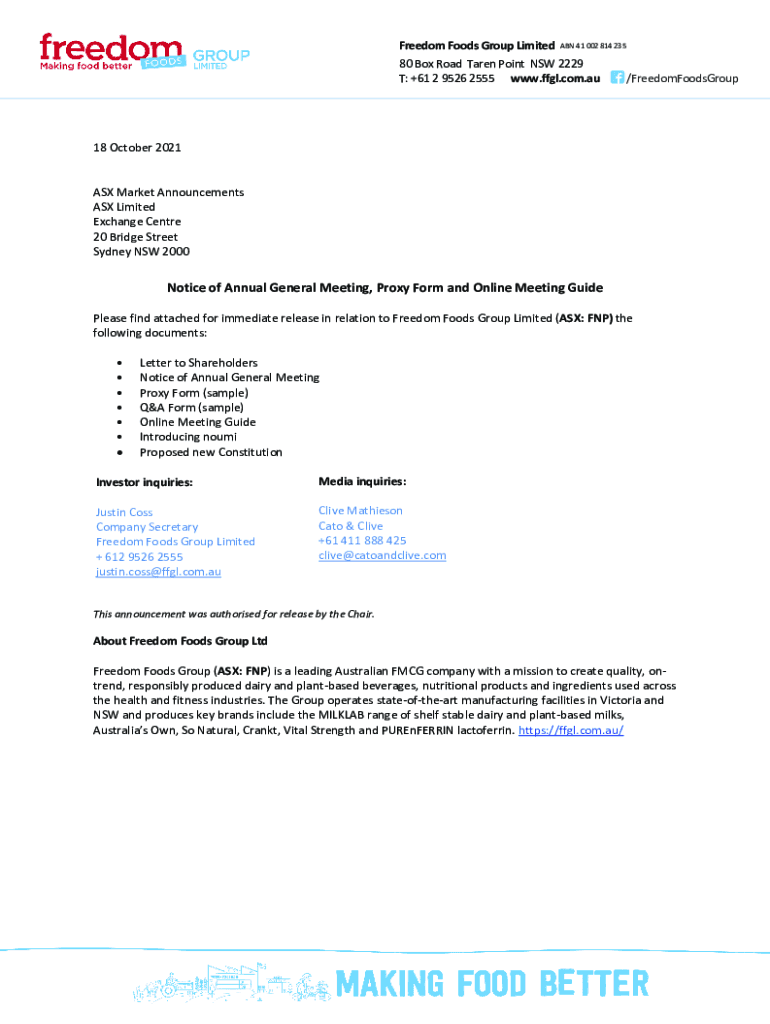 Fillable Online Freedom Foods Group LimitedTaren Point, NSW Fax Email ...
