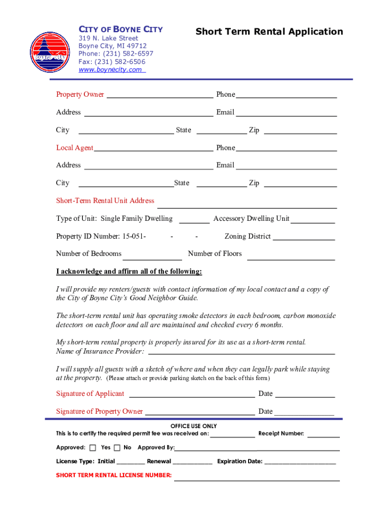 Fillable Online Short Term Rental Application - Boyne City Fax Email ...