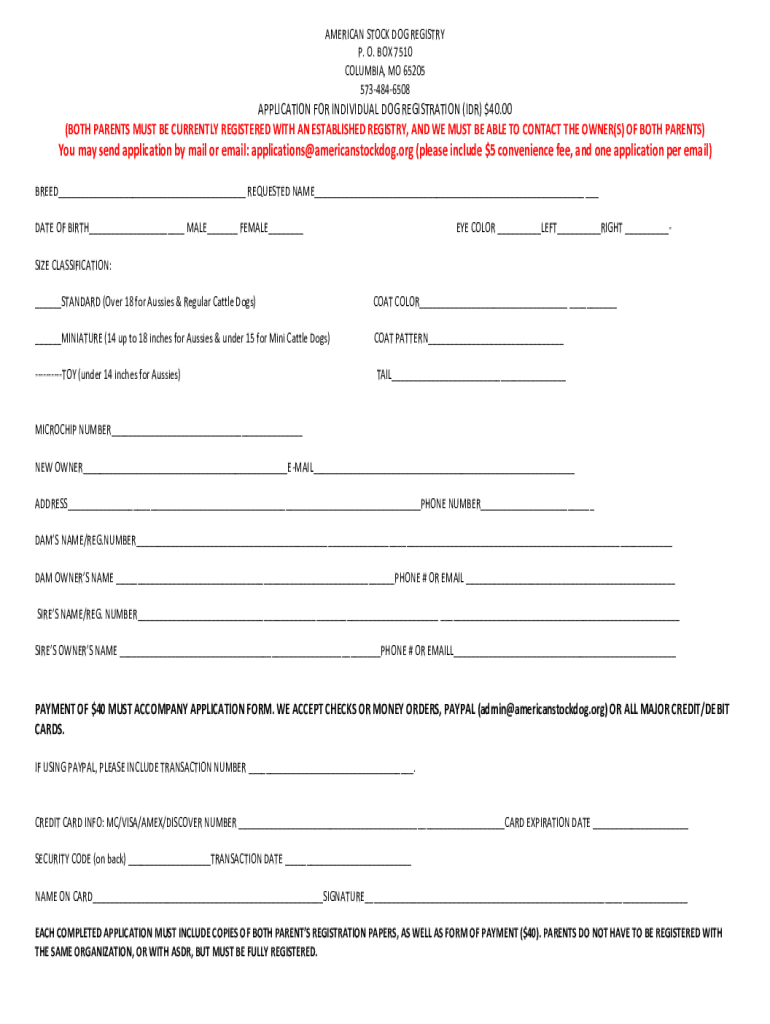 Fillable Online application for individual dog registration (idr) $30 ...