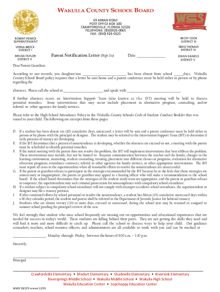 Fillable Online WAKULLA COUNTY SCHOOL BOARD Parent Notification Letter ...