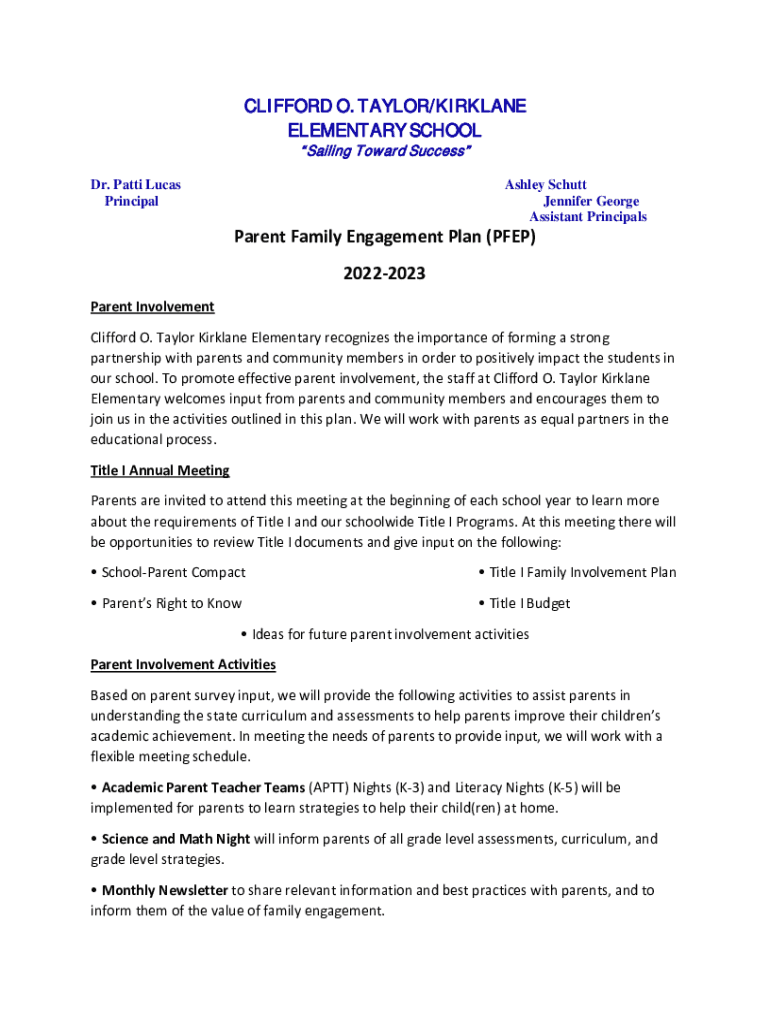 Completable En línea 2023 Parent and Family Engagement Plan (PFEP ...